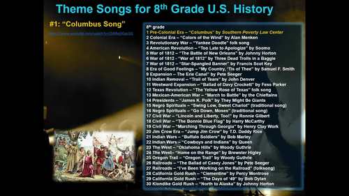 Theme Song for each week of 8th grade US history: includes lyrics-hyperlink