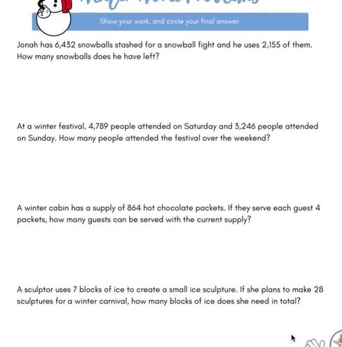 Grade 5 Winter Math Word Problems for Ontario Number Sense: Holiday Math