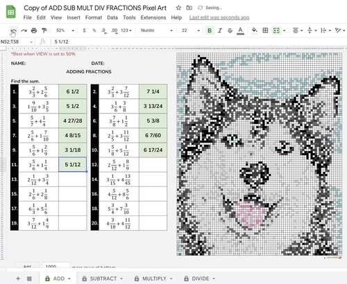 Adding Subtracting Multiplying Dividing Fractions Digital Math Pixel Art