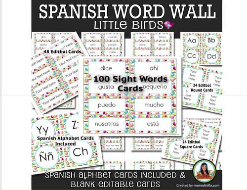 Spanish Word Wall Little Bird Themed Classroom Decor, Word Cards & Alphabet