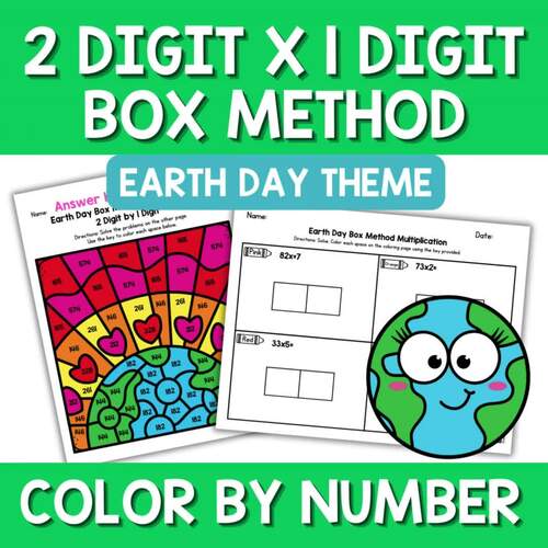 2 Digit by 1 Digit Multiplication Area Model Box Method Earth Day Color ...