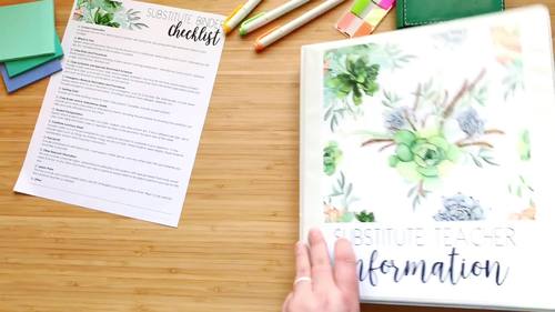 Editable Substitute Teacher Binder Mint Coral Watercolor Succulent (Google)