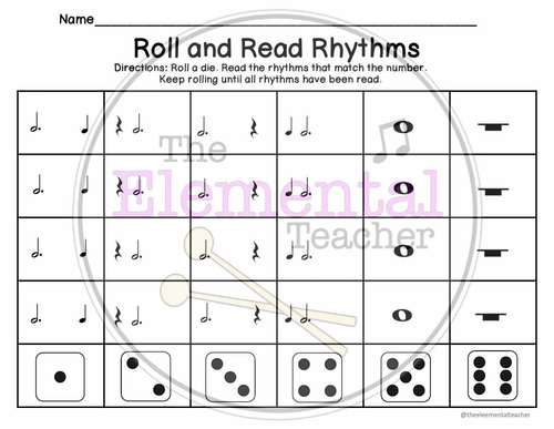 Roll and Read Music Rhythm Pattern Worksheets No Prep by The Elemental ...