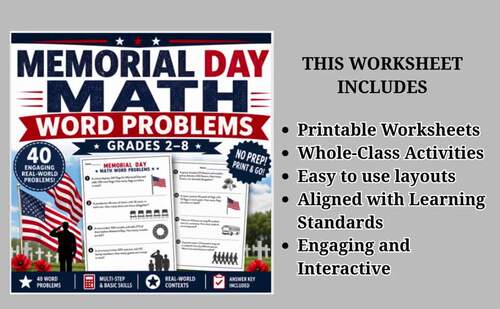 Memorial Day Math Word Problems Grades 2–8 | 40 No-Prep Worksheets ...