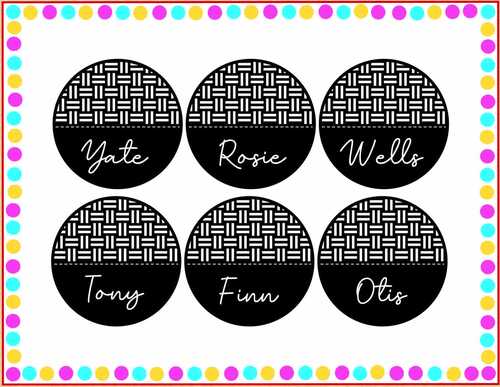 Black and White Round Student Name Cards, Editable Elementary Nametags