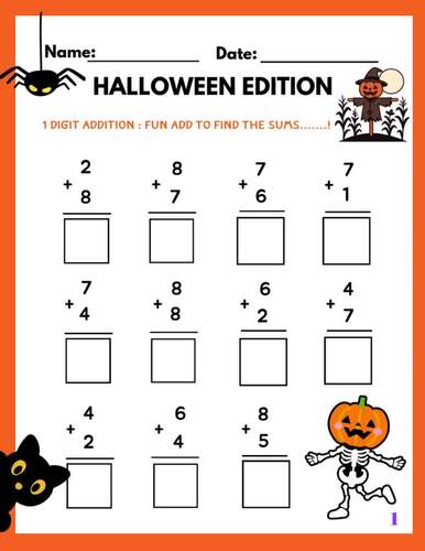 1 Digit Addition by 1 digit worksheets with answer! fun Halloween Edition.