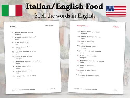 Italian/English food vocabulary Spelling activities/assessments | TPT