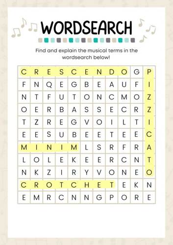 Music Wonder Word Search - Piano Music Theory Worksheet Activity