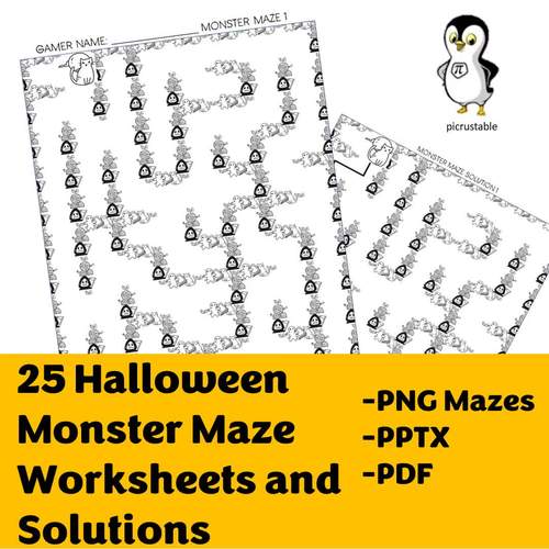25 Easy Halloween Monster Maze Worksheets and Solutions - PPTX, PDF, PNG