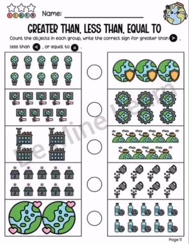 Earth Day Greater Than, Less Than, Equal To Within 10 | Comparing Numbers