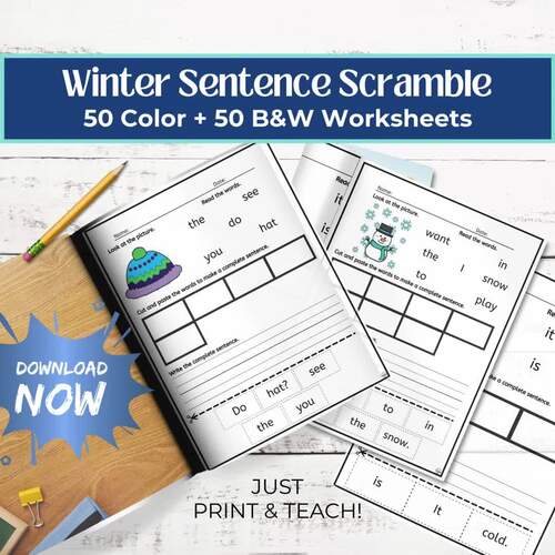 Winter Sentence Scramble Worksheets | Sentence Building for K–2 & SpEd