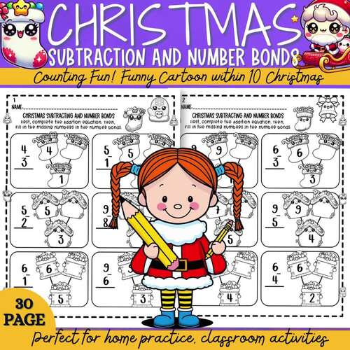 Christmas Subtraction and Number Bonds Worksheet, Subtract Within 10