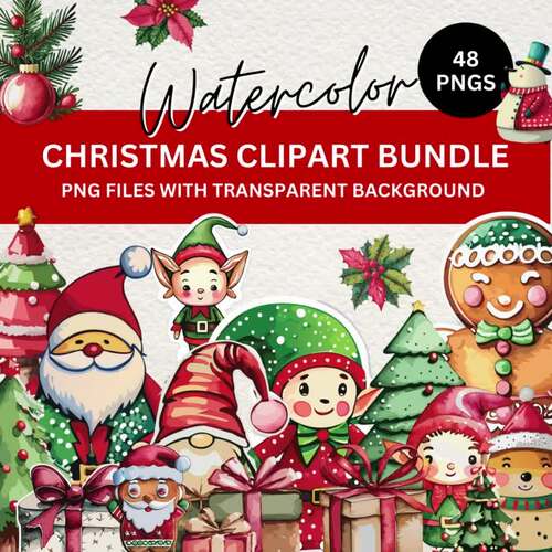 Watercolor Christmas Clipart Bundle, 48 PNG files, Vintage Classic ...