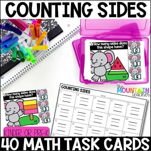 Count 2D Shape Sides Activities - Kindergarten Math Centers and Task Cards