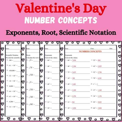 Valentine's Day Number Concepts Activities: Exponents Roots, Scientific ...