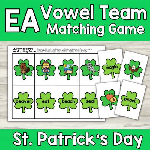 St. Patrick's Day ea Vowel Team Matching Game Kinder 1st 2nd Phonics Center