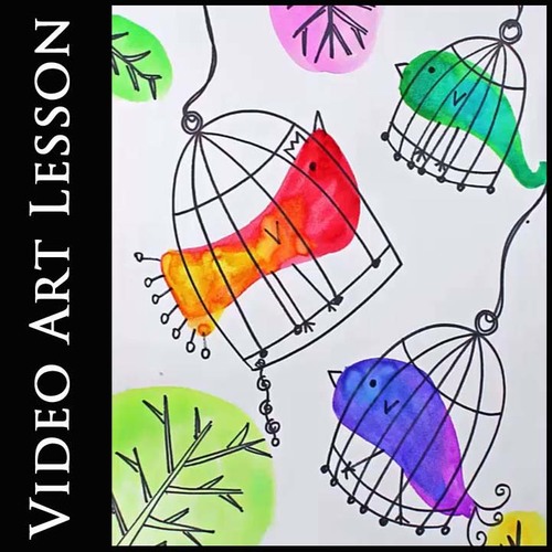 BIRDS IN BIRDCAGES Art Project | Easy Directed Drawing & Painting Lesson