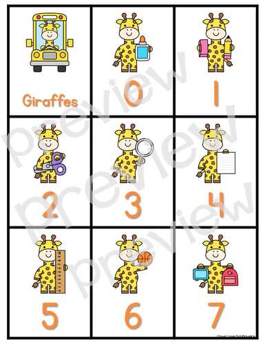 School Giraffes - Numbers 0-25 Matching - Flash Cards With Writing Practice