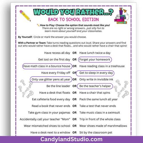 Back to School Would You Rather Icebreaker Activity Game for 2nd 3rd ...