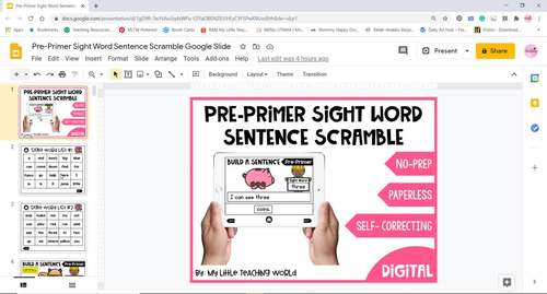 Pre-Primer Sight Word Sentence Scramble (Google Slide) | Distance Learning