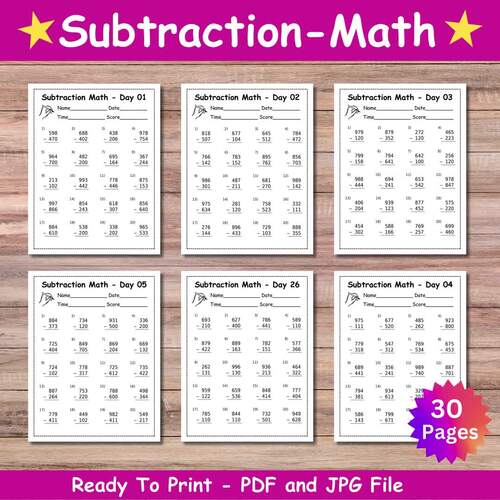 Back To School Subtraction Math Fact Fluency Practice Sheets, Math Vol-15