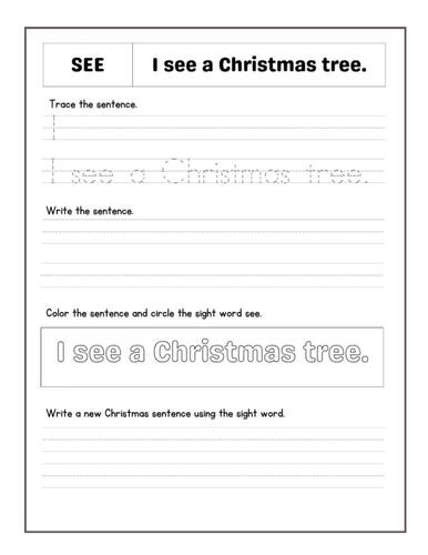 Christmas Sight Words Level 1 Bilingual Writing Pack English and Spanish