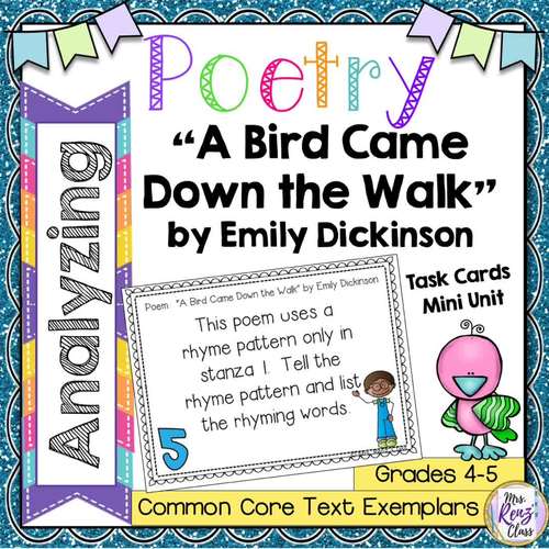 Poetry Analysis Task Cards A Bird Came Down the Walk by Emily Dickinson