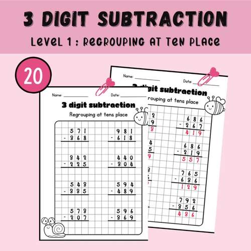 3-Digit Subtraction | 3 Levels of Regrouping Practice + Answer Keys ...
