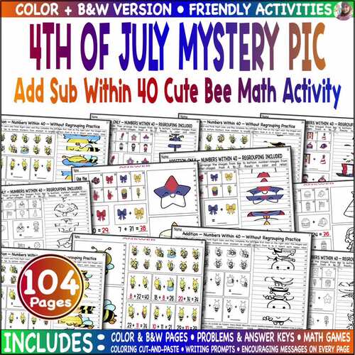 Color Mystery Picture 4th of July Add Sub Within 40 Cute Bee Math Cut ...