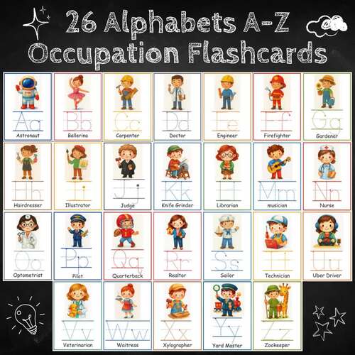 Occupations Alphabet Printable Tracing Flashcards by EduBloom Studio