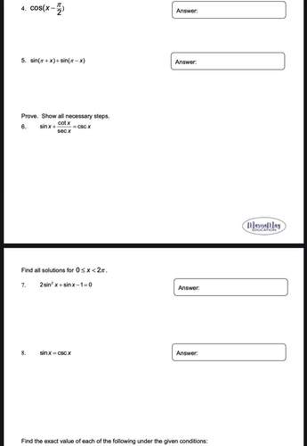 Precalculus Quizzes - Solving Trig Equations - Sum & Difference Identities