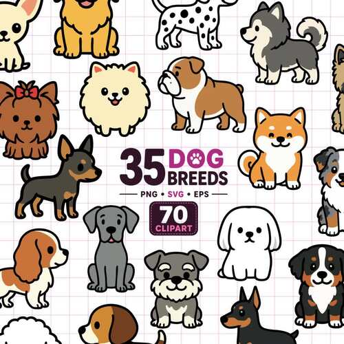 Cute Dog Clipart Bundle | 70 Kawaii Dog Illustrations | PNG + EPS + SVG