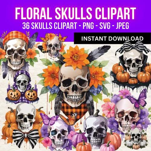 Gothic Skull Clipart, Floral Skulls, Halloween Skulls and Pumpkins PNG ...