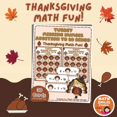 Turkey Missing Number Addition to 20 Bingo (4x4) | Thanksgiving Math Game