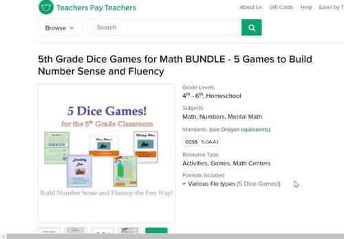 5th Grade Dice Games for Math BUNDLE - 5 Games to Build Number Sense ...