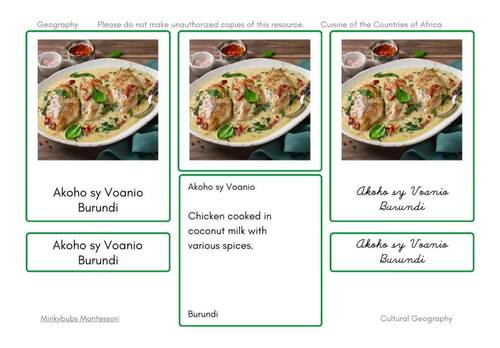 Foods of Africa Cuisine 3 Part 4 Part Cards 54 Dishes in PRINT & CURSIVE