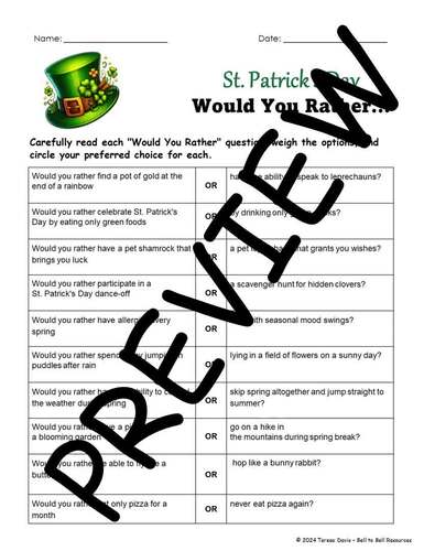 March St. Patricks Activity: Would You Rather Worksheets, Word Searches ...