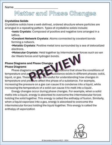 State of Matter and Phase Changes | Chemistry | Printable Study Guide ...