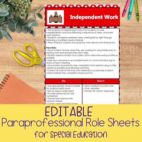 EDITABLE Paraprofessional Aide Role Sheets for Special Ed Bright ...