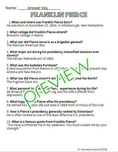 Franklin Pierce US President Study Guide & Worksheet PDF Coloring and ...