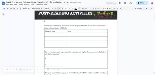 Speak (Anderson) Analysis Activities & Answer Keys for All 4 Marking ...