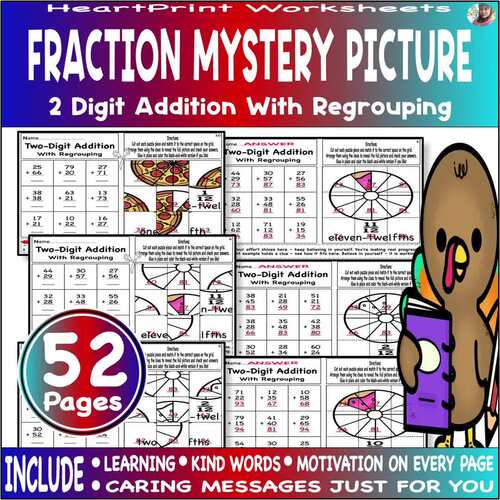 2 digit addition with regrouping : Fraction Mystery Picture Fun ...