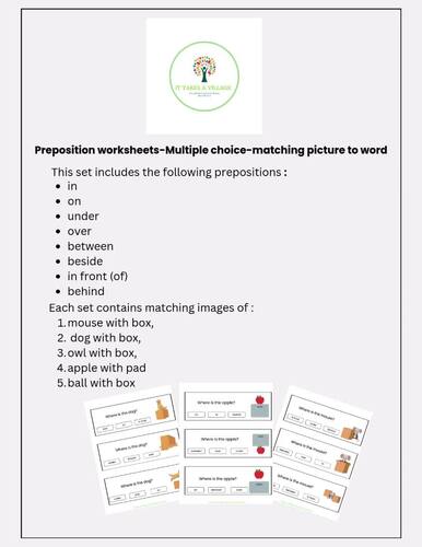 Prepositions Worksheets-multiple choice-matching word to picture