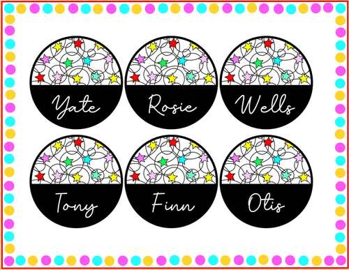 Printable Black and Bright Star Student Name Tags, Round Name Plates ...