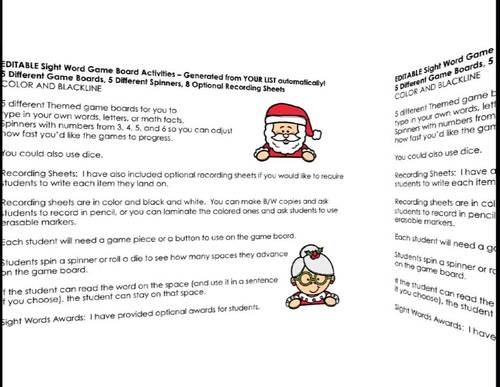 Christmas Sight Words Game Boards - Editable Color & Blackline Set 2