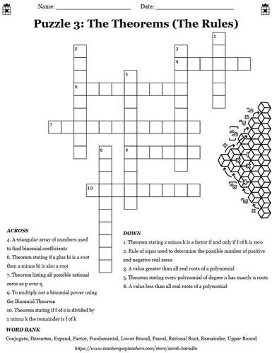 Algebra 2 Unit 3 Polynomial Functions Math Crossword Puzzle With Word Banks
