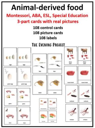 Animal-derived food Montessori, ABA, ESL, Sp. Ed 3-part cards with real ...
