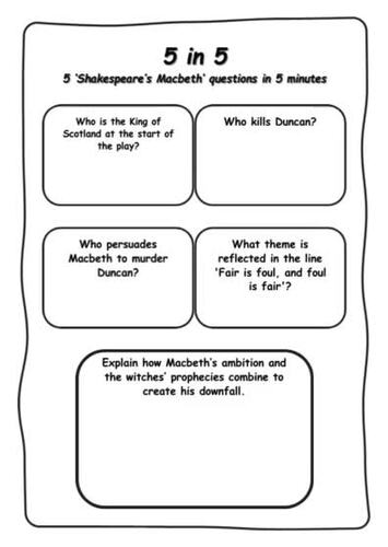 English Literature Shakespeare's Macbeth Starter Questions Worksheets PDF