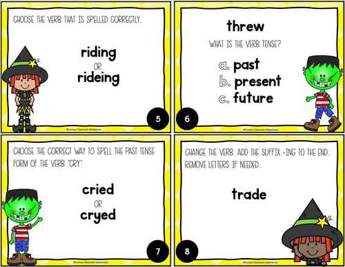 Halloween Verb Task Cards Activities for October - Verb Tense, Type ...
