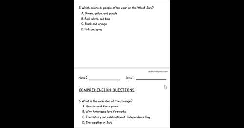 4th of July Reading comprehension Passage & Sentence Writing ...